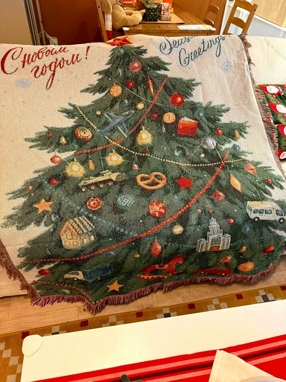 Jingle Tree Рождественский Вязаный Плед с Золотой Нитью 80x100 см с Крючками Уютный Декор для Собора и Дома в Праздник
