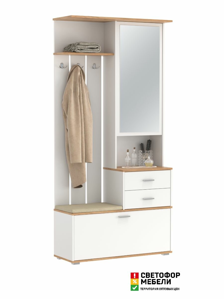 Шкаф для прихожей 65.08 Антре с зеркалом, 100х2087х362, белый/дуб золотой/ткань велюр крем, для дома, для дачи, Олмеко