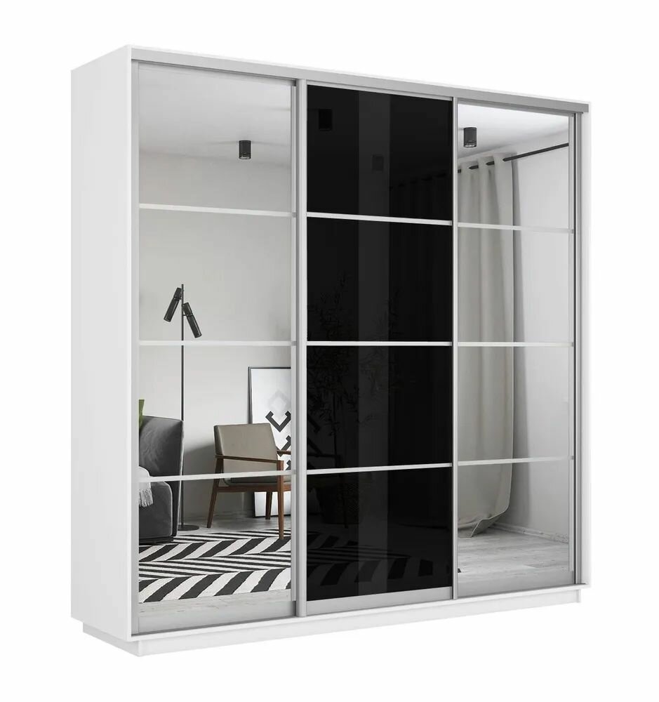 Шкаф-купе Флорида 3дв. (2 Зеркала/Стекло черное) профиль серебро, 210х60х220 см. Белый снег