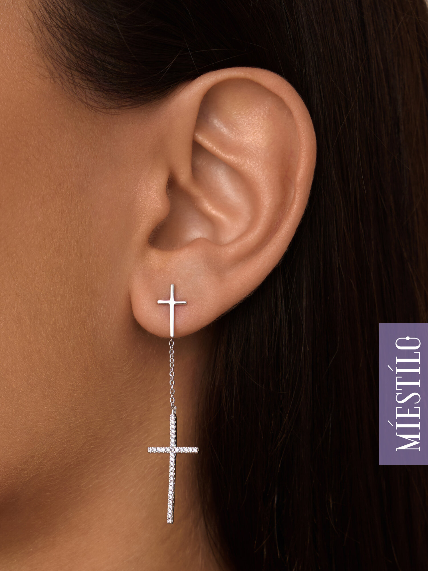 Серьги пусеты, серебро, 925 проба, родирование, фианит