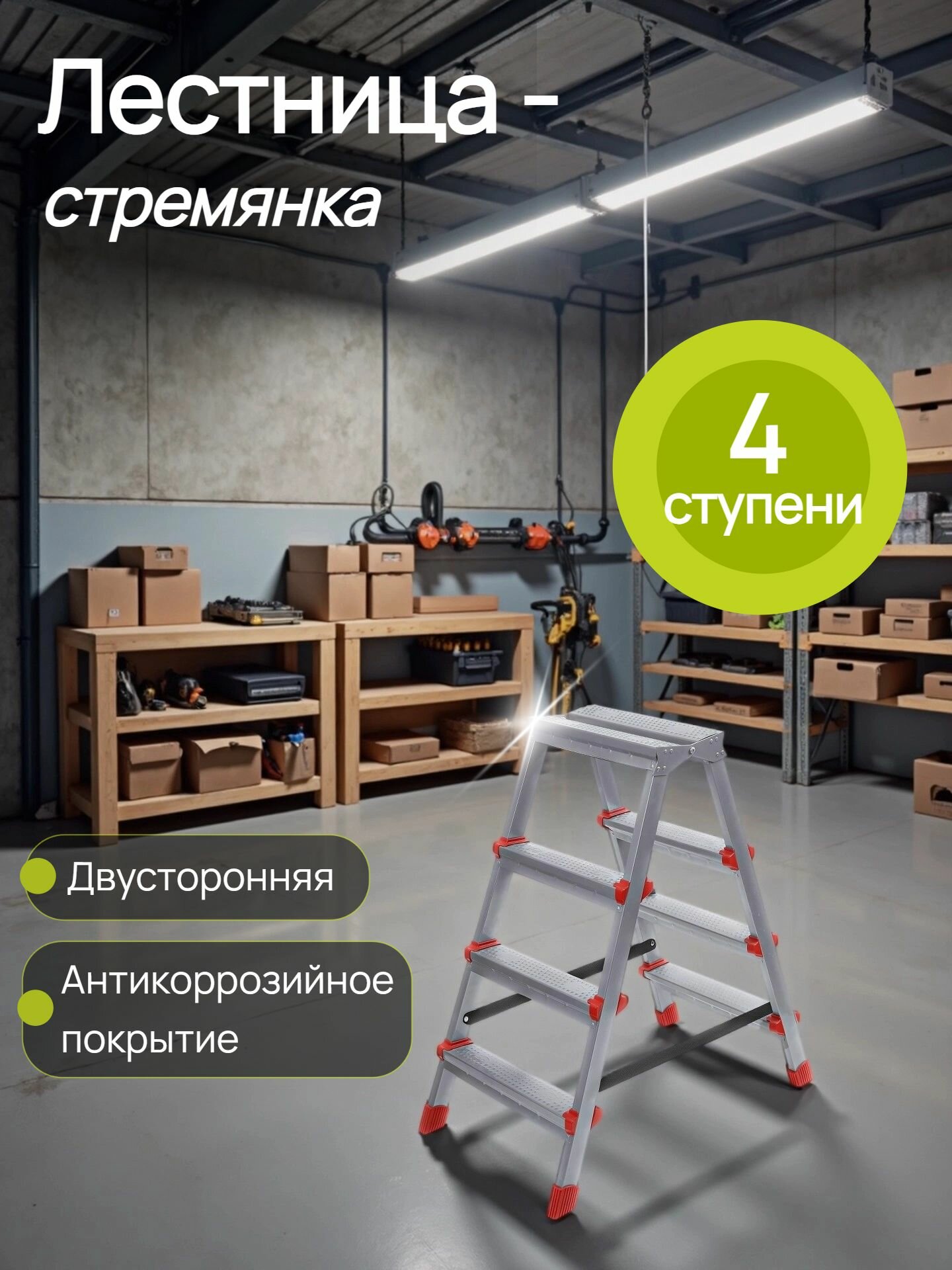 Лестница-стремянка 2 в 1, сталь, двусторонняя, 4 ступени, металлический каркас