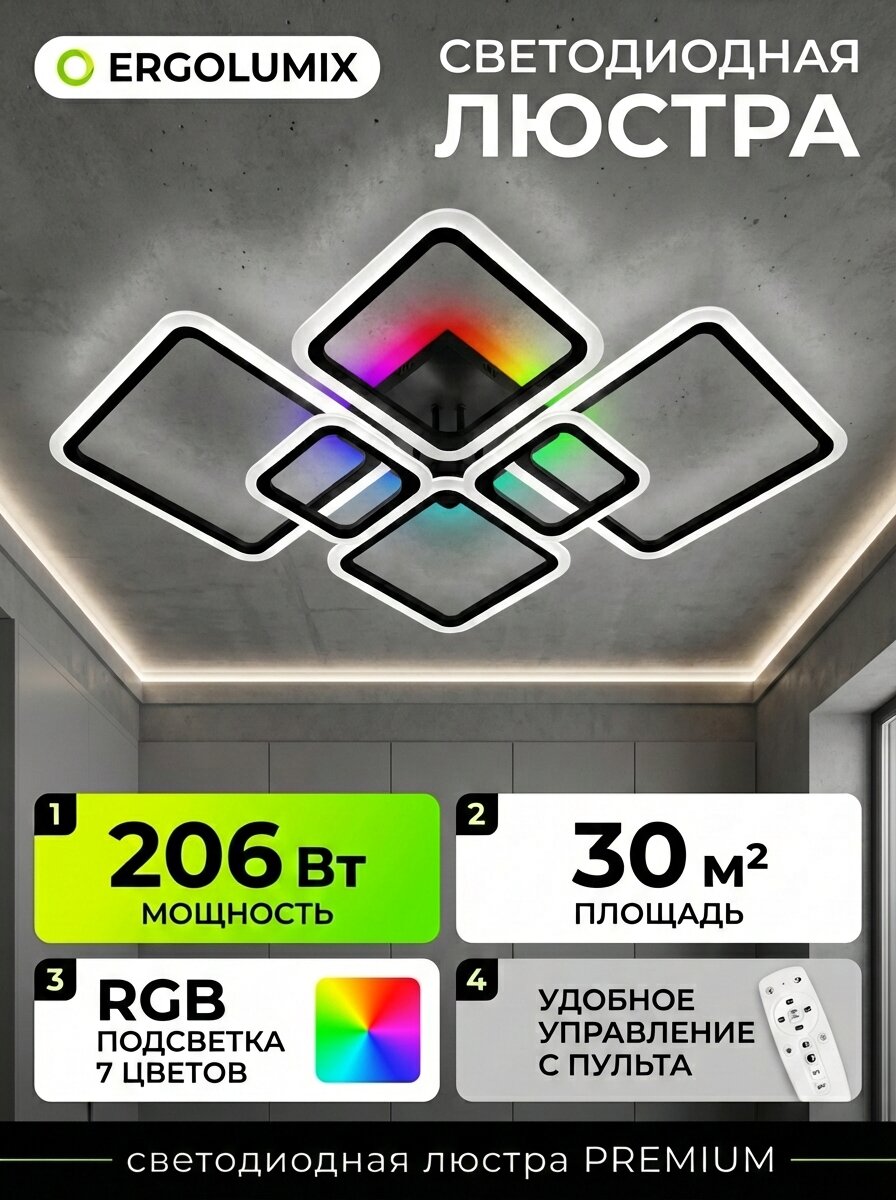 Люстра потолочная светодиодная с пультом на кухню, в спальню