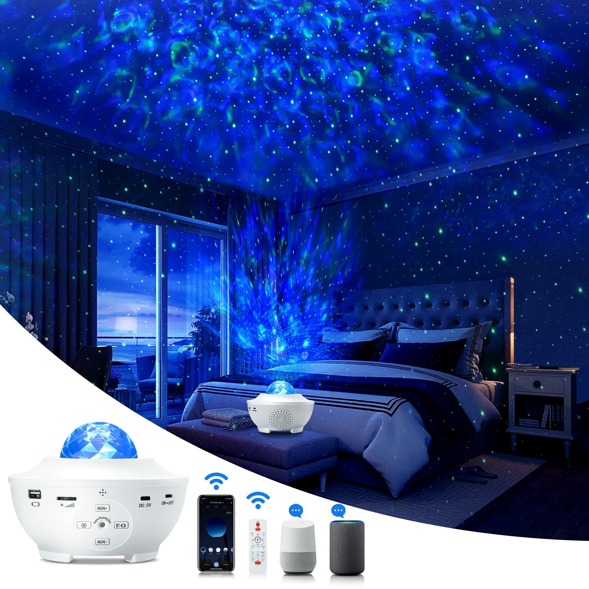 Проектор звездного неба Galaxy Projector Light LED с датчиком звука и световым проектором ночного света с интеллектуальным управлением и 10 видами цветовых музыкальных проигрывателей 360° вращение ночной свет (черный)