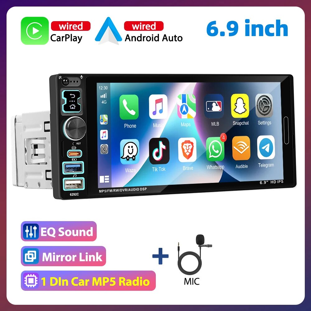 Podofo Универсальный 1-диночный Android 6,9 дюйма, проводной CarPlay, автомобильный радиоприемник, мультимедийный видеоплеер, GPS, FM-радиоприемник