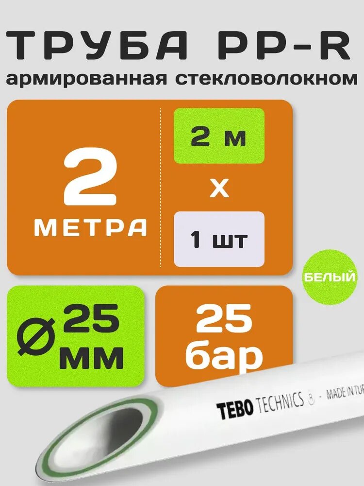 Труба полипропиленовая 25 мм 2 метра (1 шт. по 2м) PN25 армированная стекловолокном PPR ППР/ для воды, водоснабжения, системы отопления