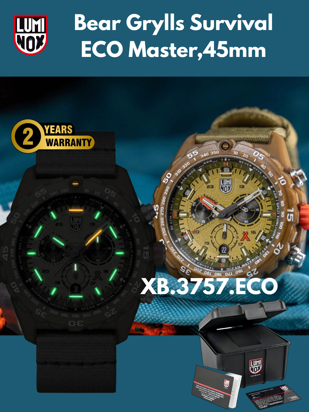 Наручные часы Luminox BEAR GRYLLS SURVIVAL SEA ECO SERIES,45mm, водонепроницаемые, Подсветка, XB.3757. ECO