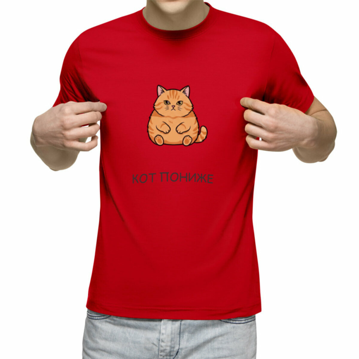 Мужская футболка «кот пониже, кот повыше, мем» (красный, S)