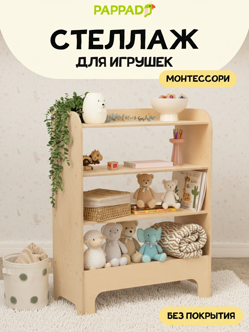 Стеллаж для книг и игрушек PAPPADO деревянный с полками без покрытия