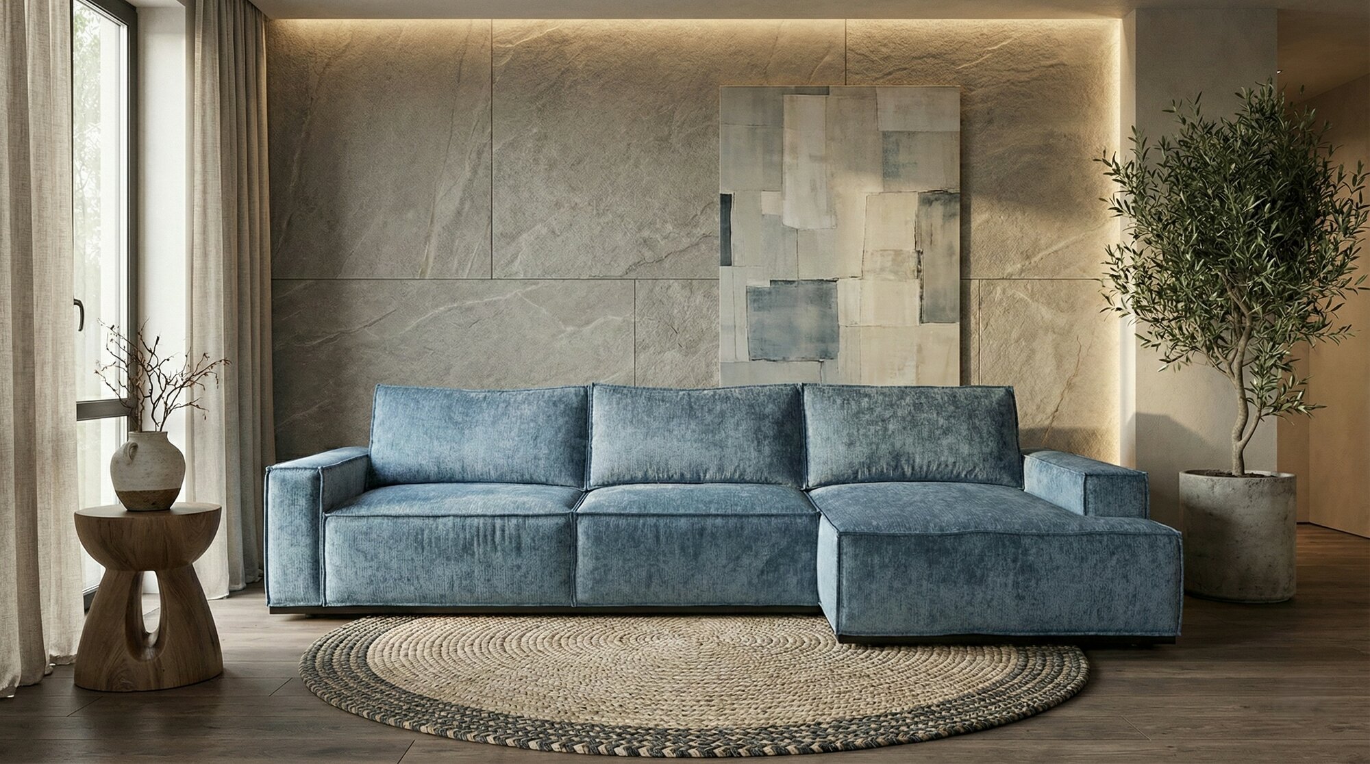 Диван угловой «LOFT» / «лофт» (Мебель Братьев Баженовых), трехместный, раскладной, с ящиками, серо-голубой шенилл