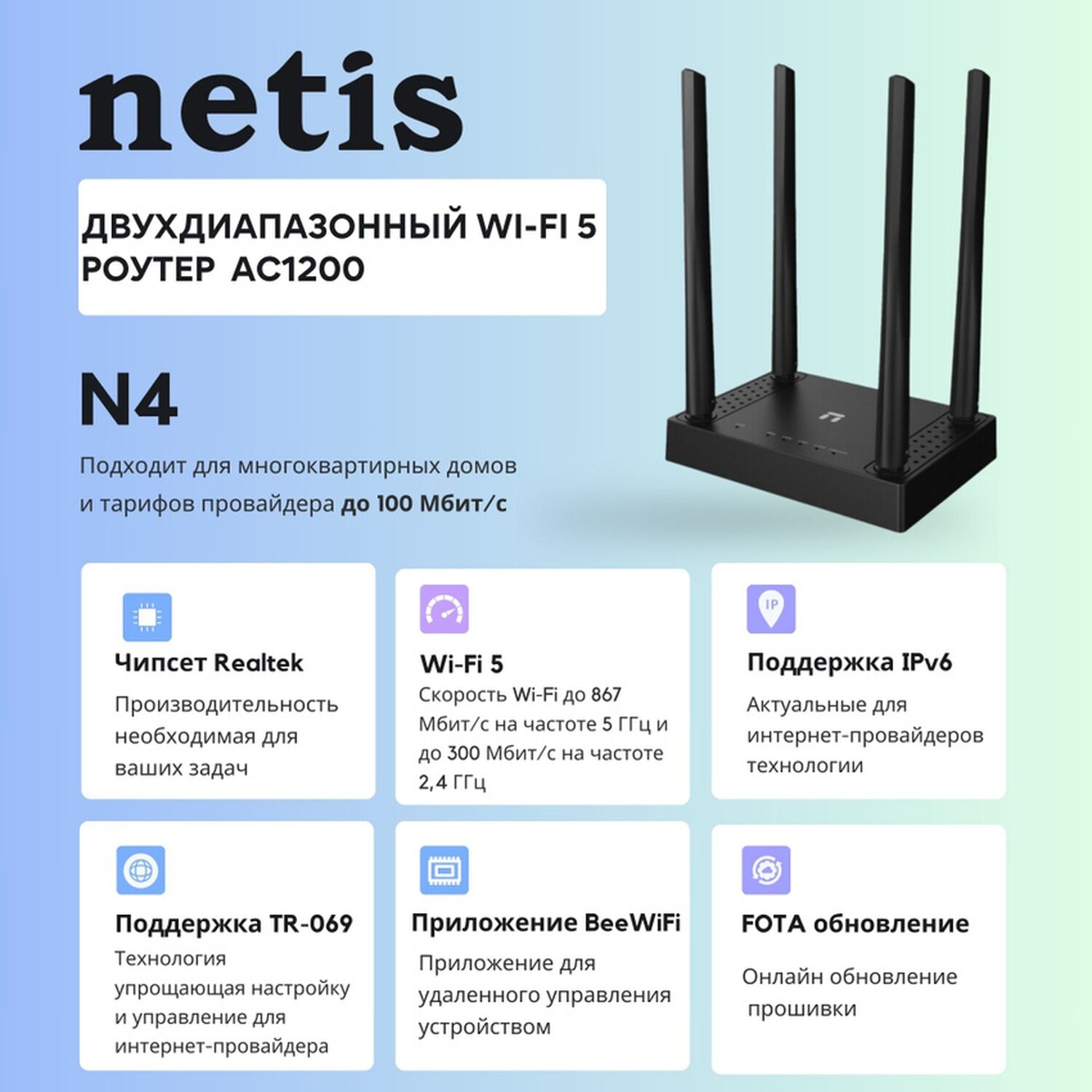 Роутер NETIS N4 v3, двухдиапазонный,1200 Мбит/c, TR-069, IPv6, IPTV, черный