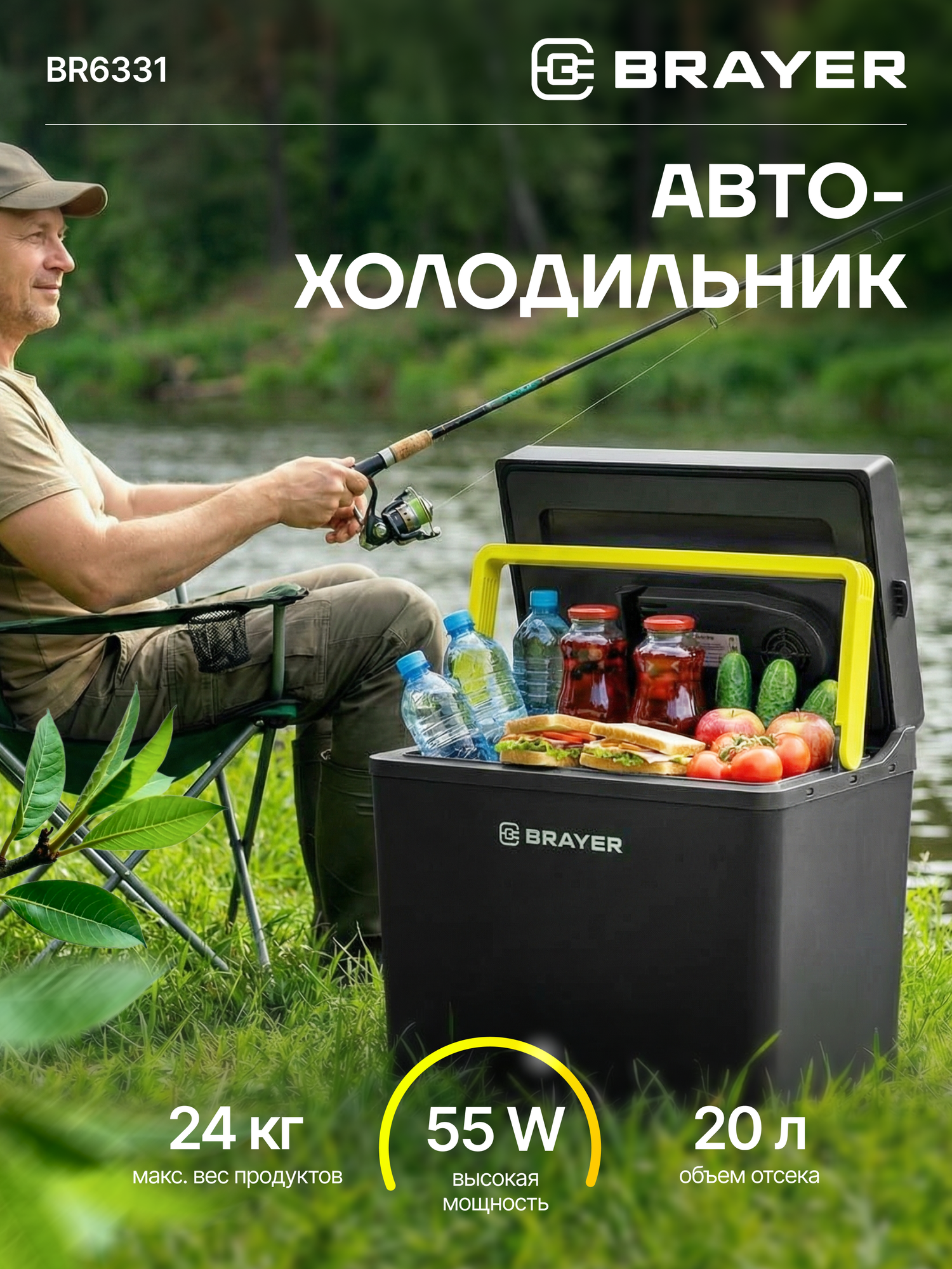Автохолодильник BR6331, 55Вт, 20л, max вес 24кг, холод до 15C ниже, AС/DC, сеть/прикуриватель, серый/желтый