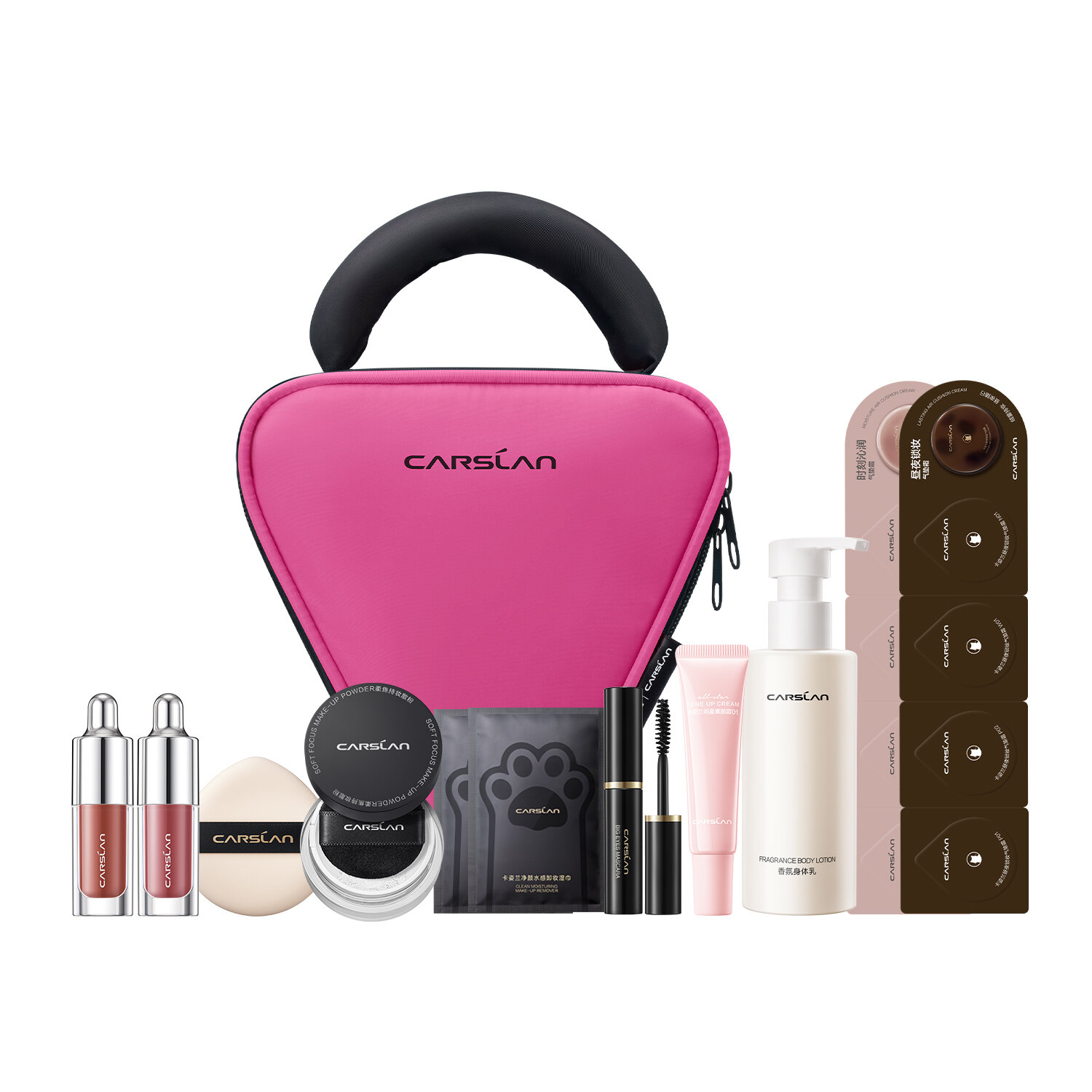 Пробный набор косметики женский Carslan 1301319446, черная магнитная рассыпчатая пудра, натуральный крем для губ, сыворотка для губ, тушь