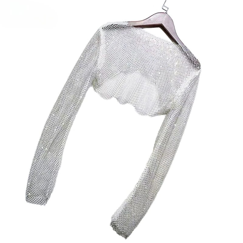 Женский топ для танца живота, яркий сетчатый топ с блестками и длинным рукавом Белый, white