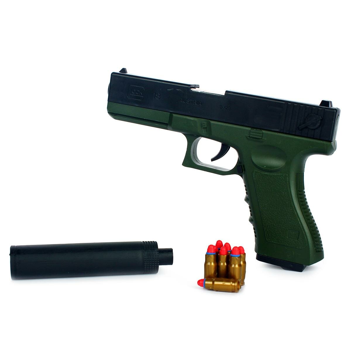 Пистолет с мягкими пулями "LCP", пластик, черный/зеленый, с глушителем и 8 патронами