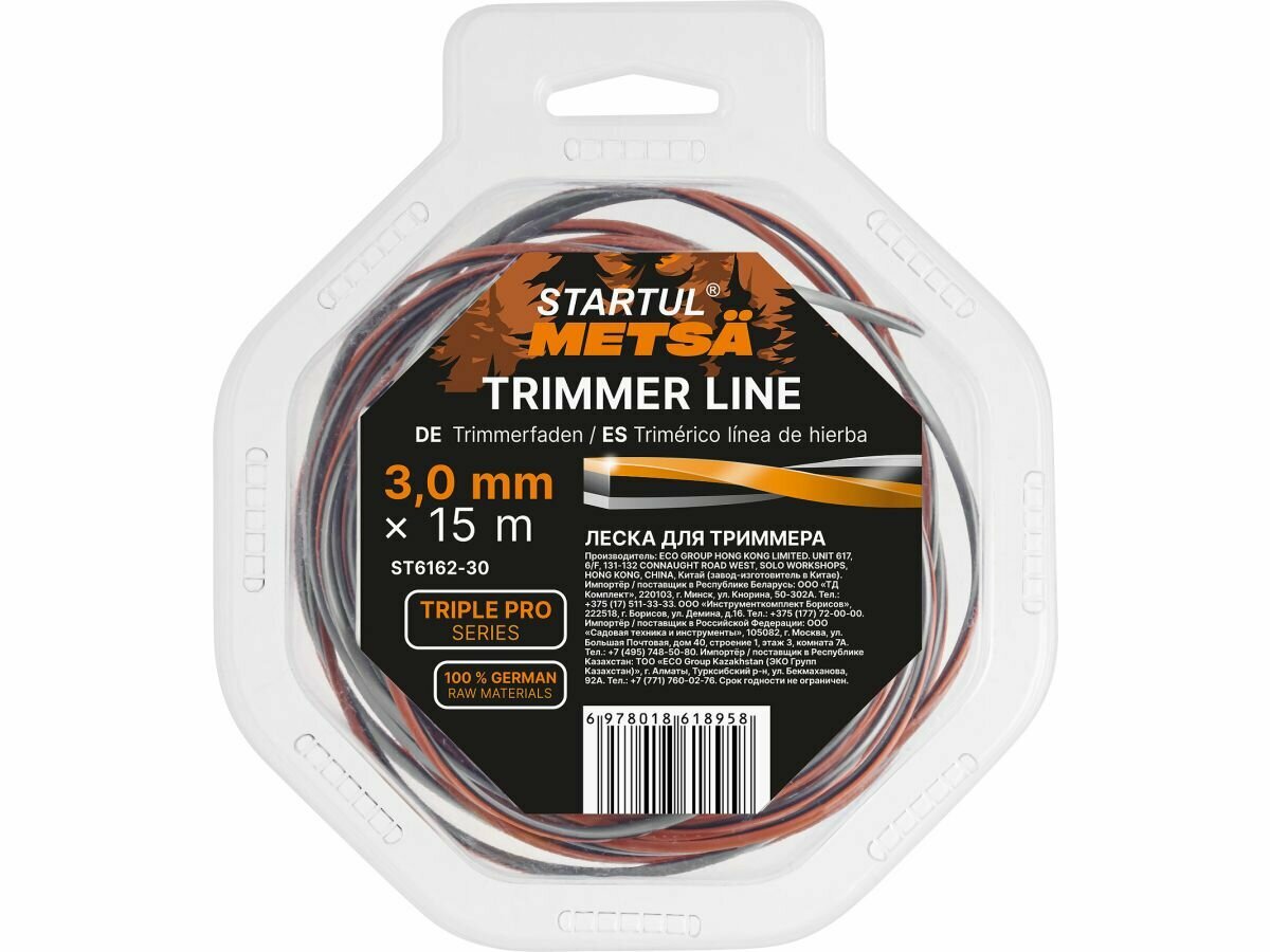 Леска для триммера d 3 мм х 15 м витой сечение квадрат TRIPLE PRO STARTUL METSA (ST6162-30)