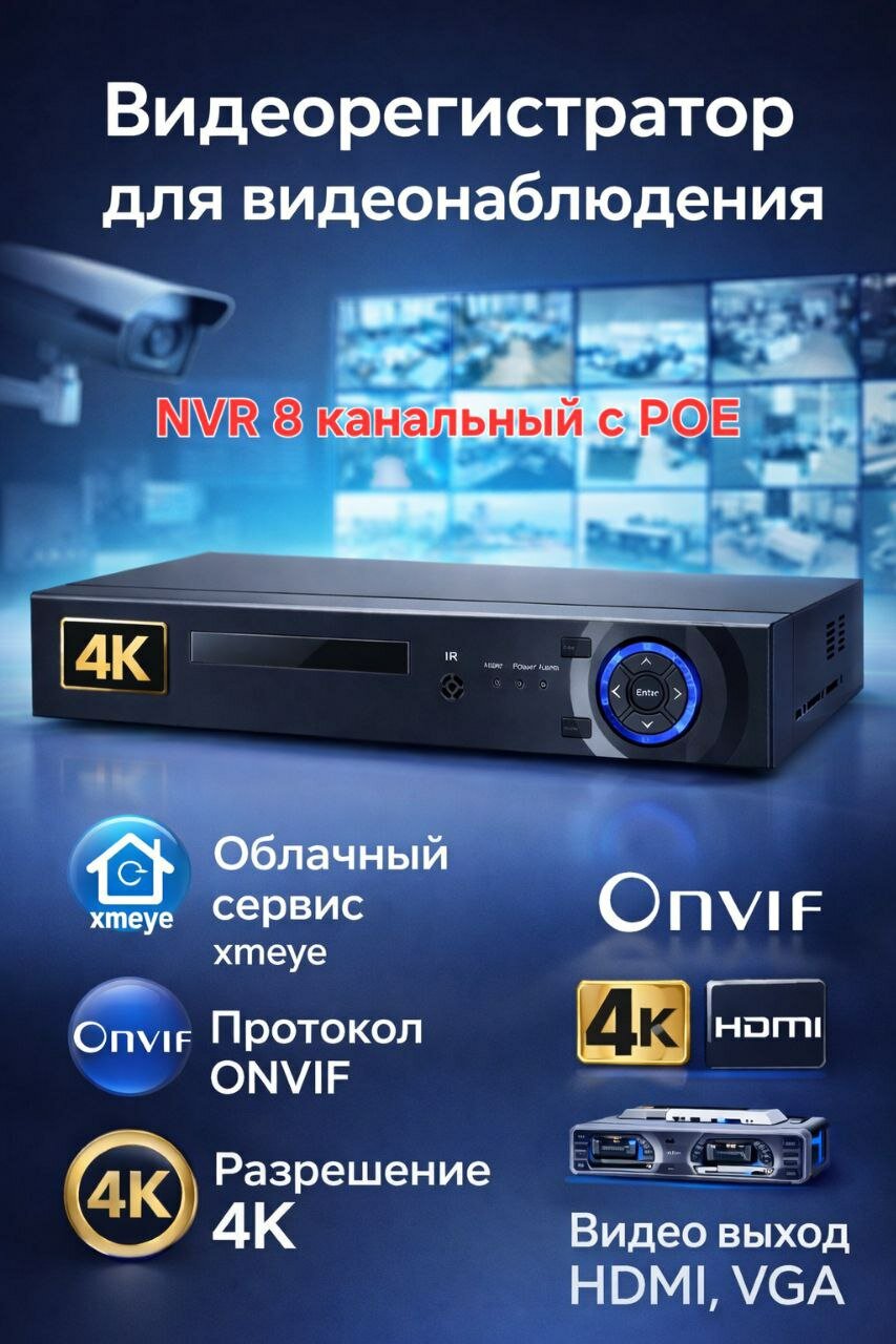 IP POE Видеорегистратор NVR POE 8CH 4K до 8МП со встроенным poe коммутатором