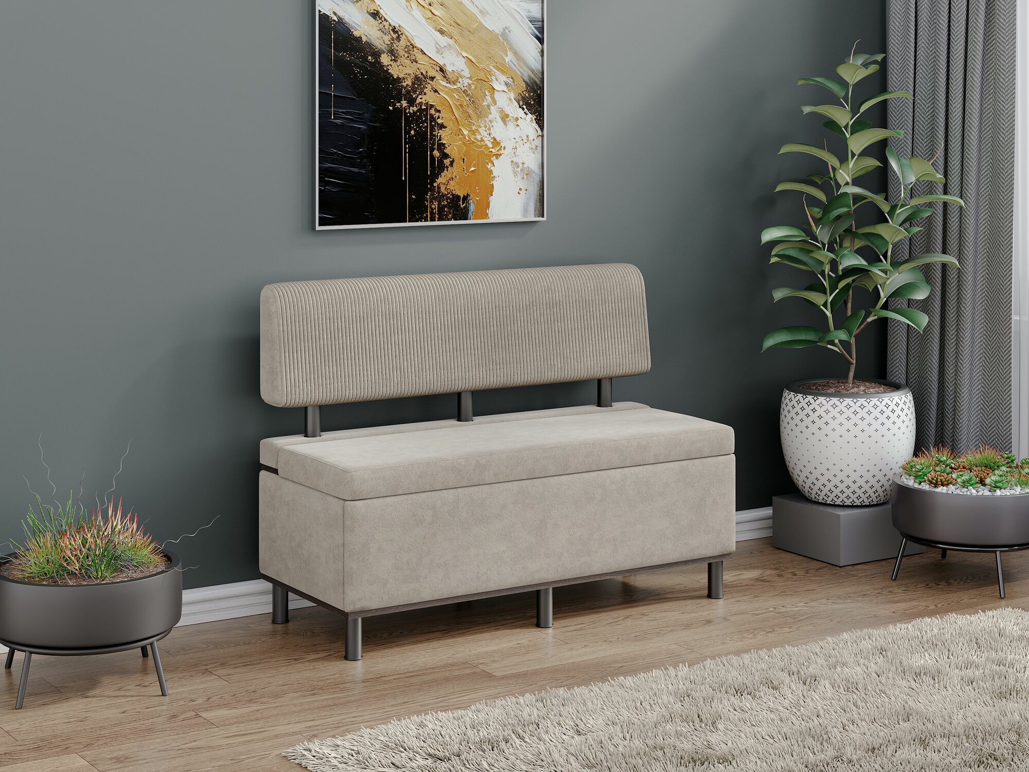 Диван BUDUNOV GROUP Стокгольм, ТК Капучино, скамья прямая с нишей для хранения, 115х47х77 см.