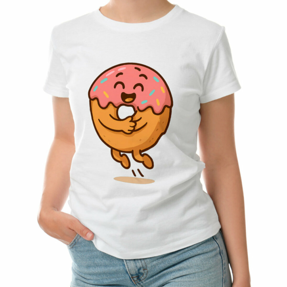 Женская футболка «Радостный обнимающийся пончик» (белый, 2XL)