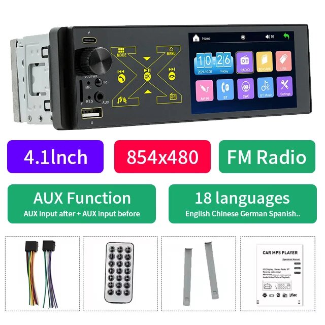 Автомагнитола 1DIN 4,1 дюйма, мультимедийный плеер MP5, 60 Вт*4, универсальный, Bluetooth, камера заднего вида, сенсорный экран, вход AUX, зарядка Type-C