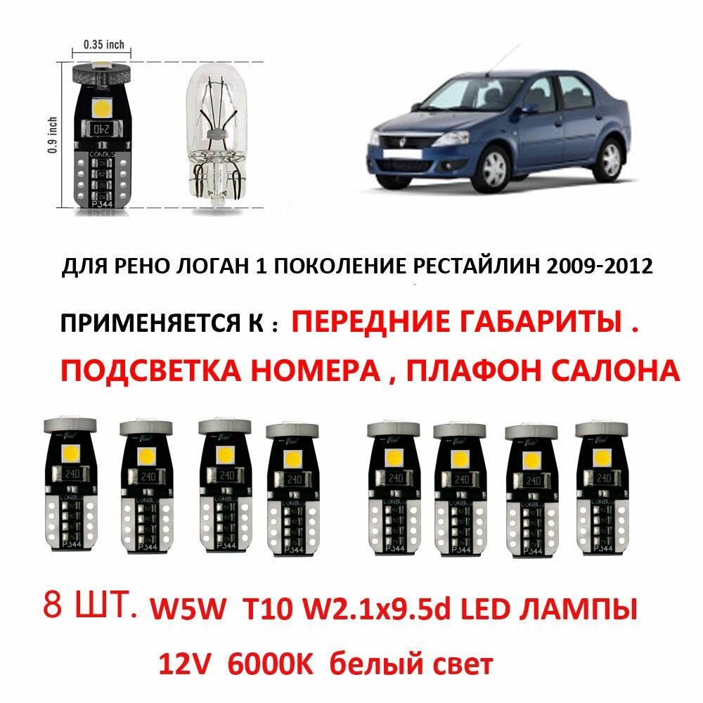 8 шт. Лампа автомобильная для Рено Логан 1 поколение рестайлинг 2009-2012 Передние габариты номера Плафон салона Высокая яркость 6000K 12V белый свет светодиодная
