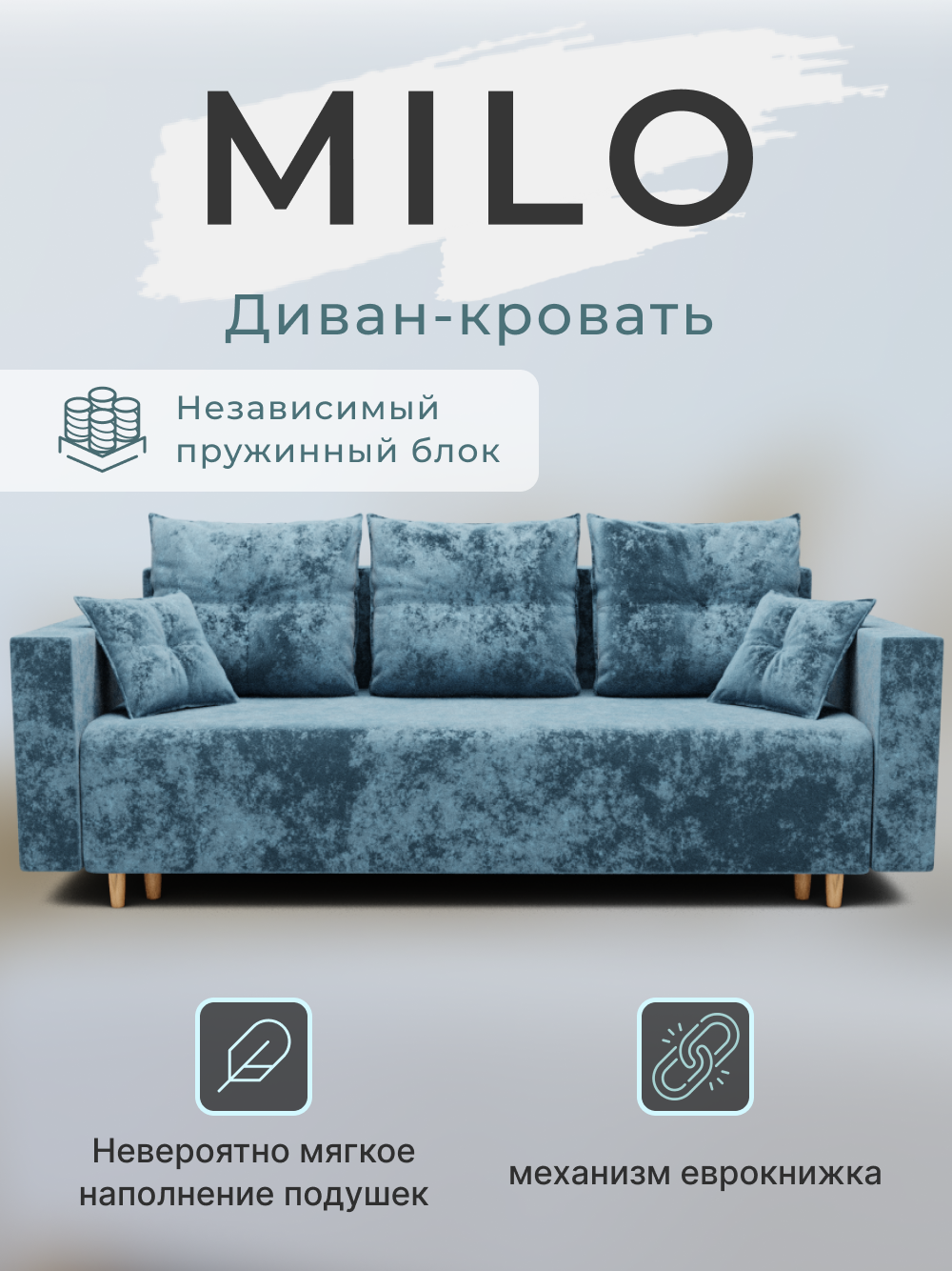Диван-кровать Milo elis 18, НПБ, раскладной, 230 см x 80 см х 100см, голубой