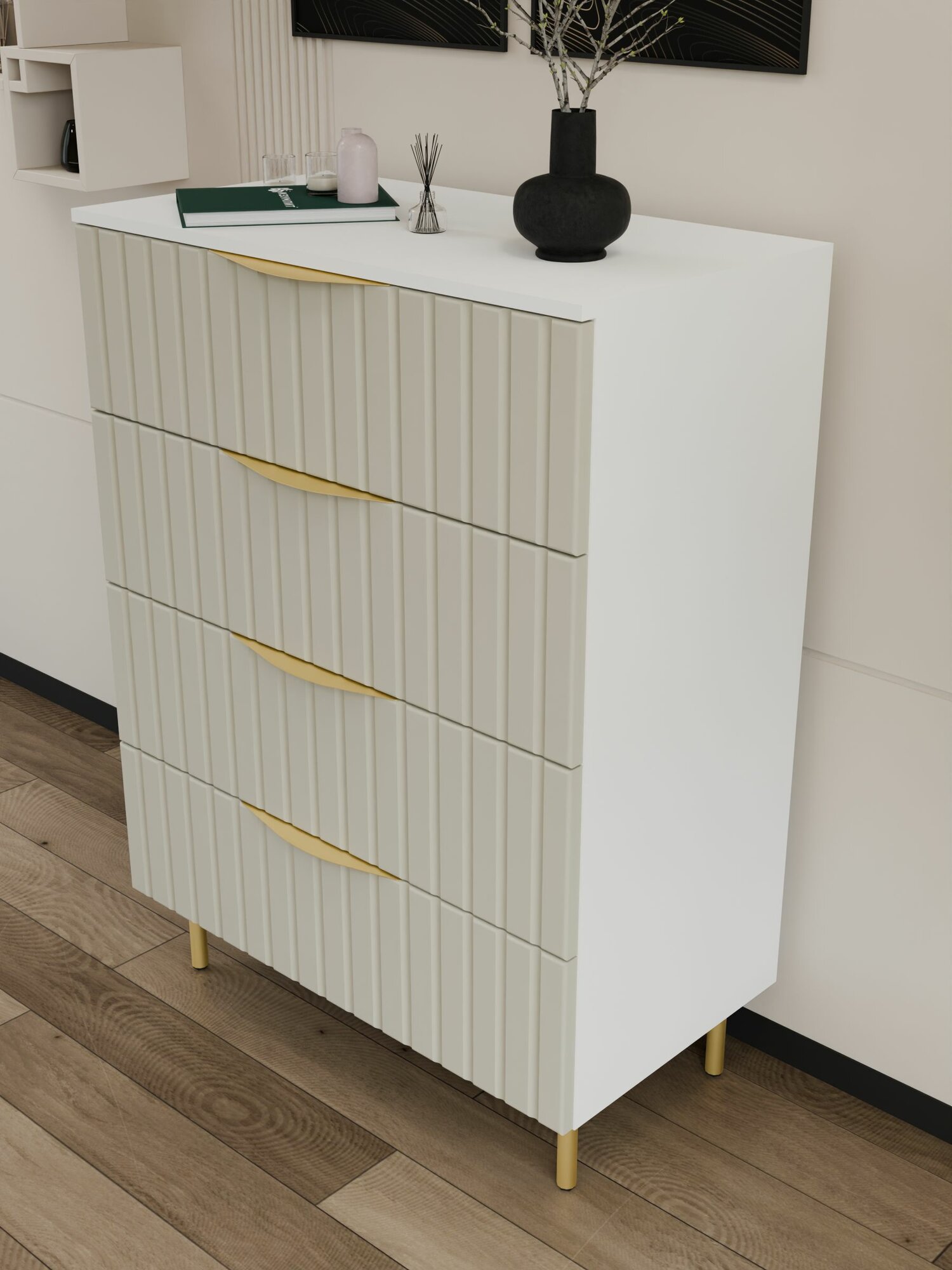 Изумлит Комод для белья и одежды вертикаль 4 ящика, 83.5х113.8х44.7 см, корпус-белый, фасад-бежевый матовый