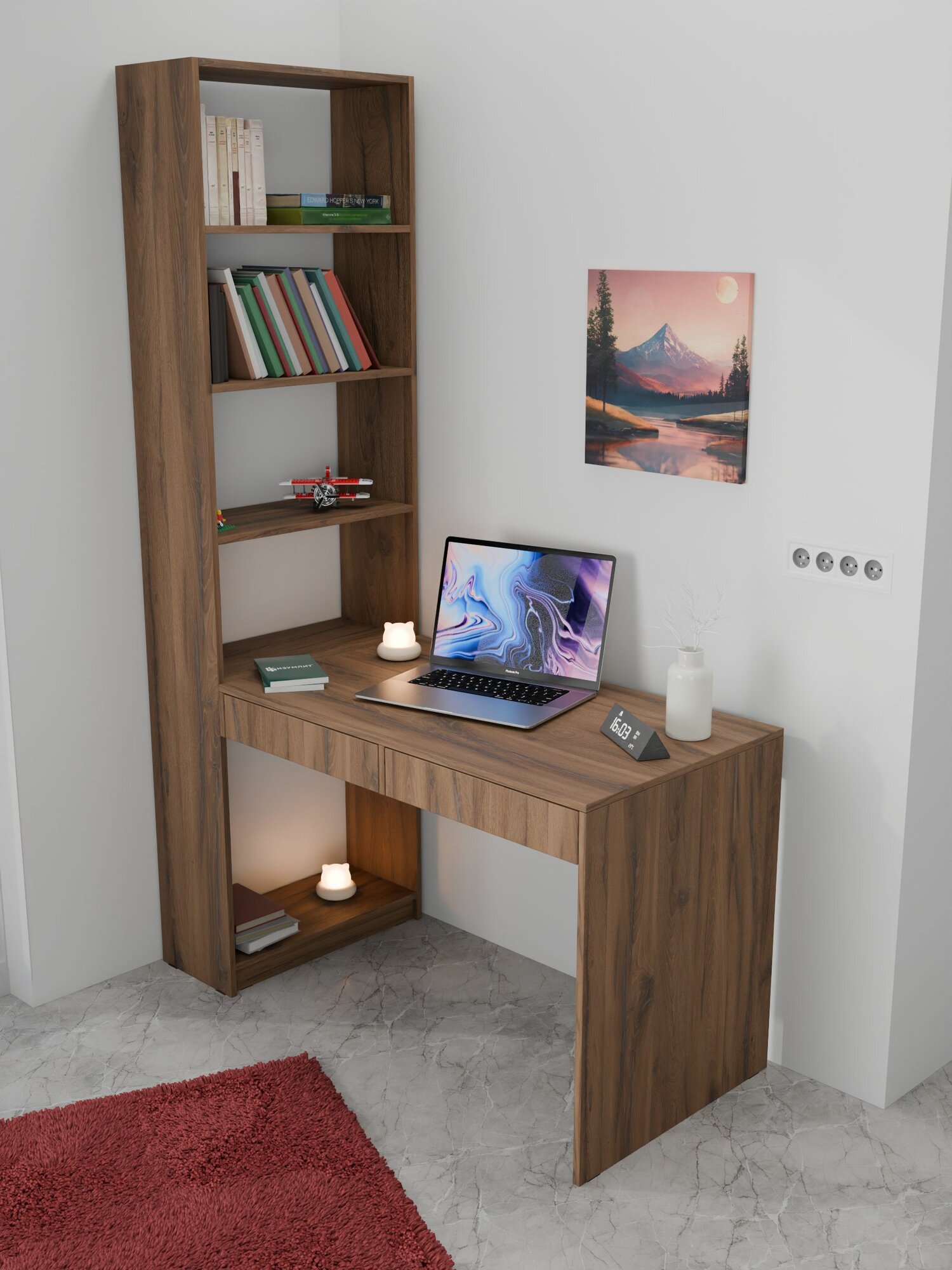 Изумлит Стол-стеллаж письменный угловой, стеллаж слева 200х130х59.2 см, дуб крафт табачный