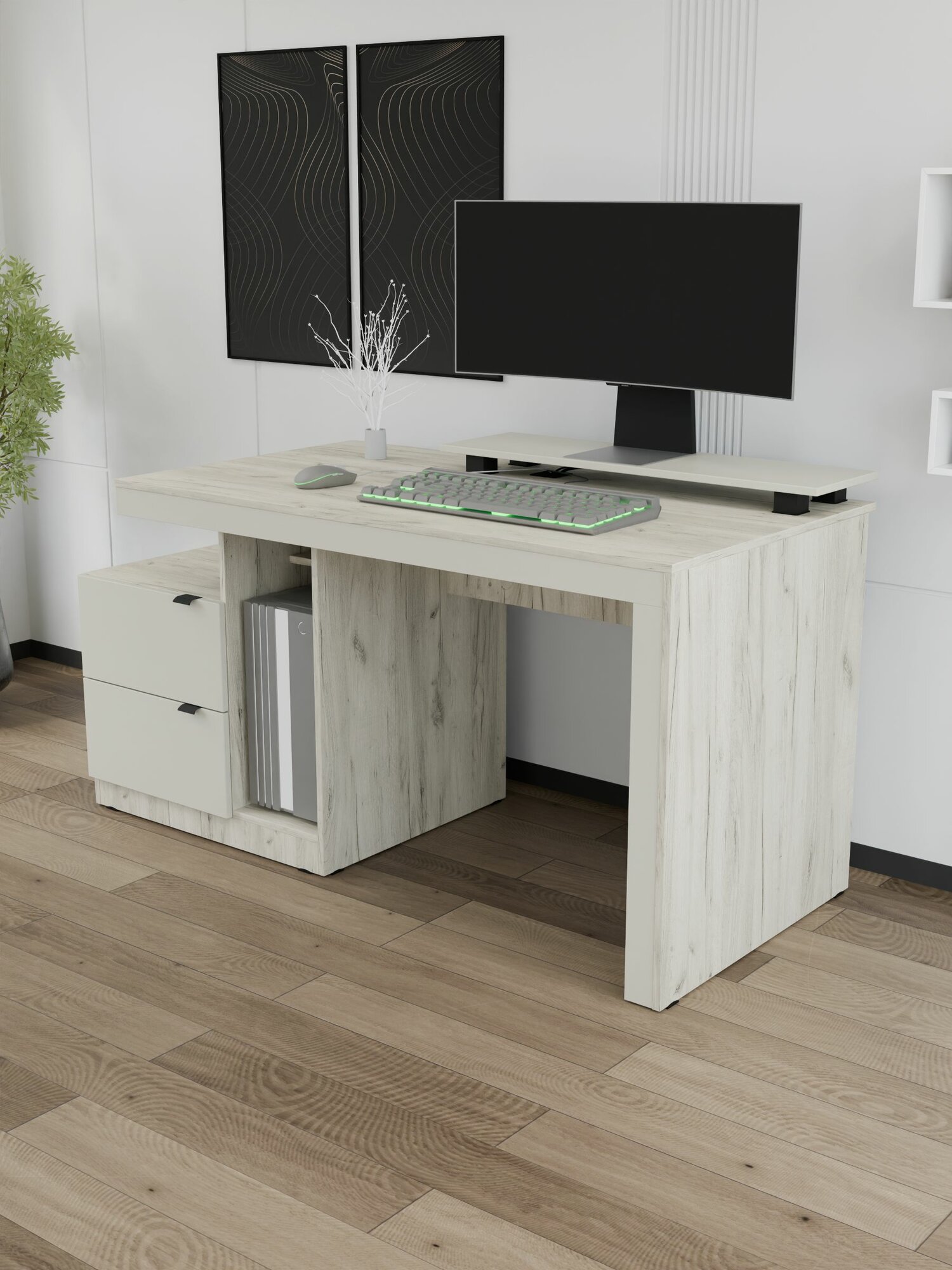 Изумлит Стол компьютерный для офиса и дома Вертикаль Лайт 162х80х74.5 см, тумба слева, дуб крафт белый - бежевый