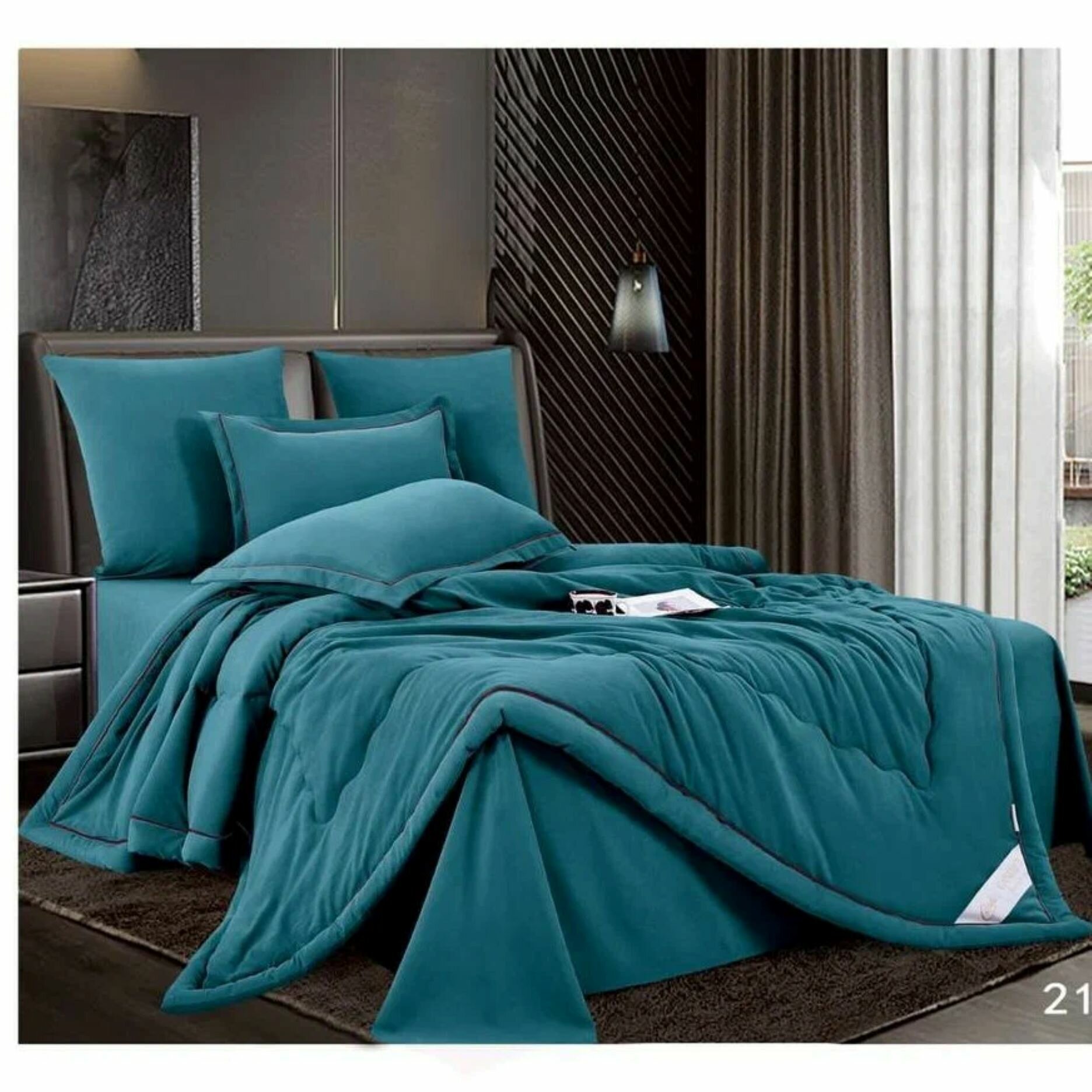 Постельное белье евро Candies с одеялом в подарочной сумке, комплект из 6 предметов, мягкое как бархат, морская волна