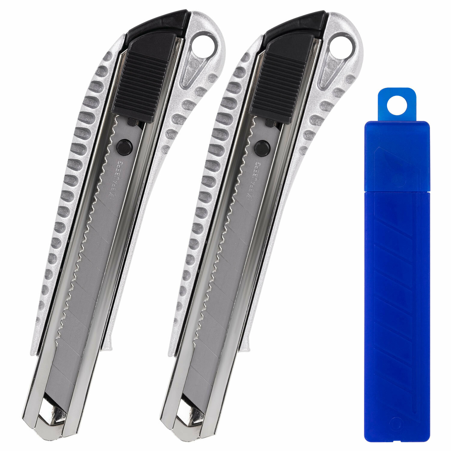 Brauberg Нож канцелярский 18 мм 2 штуки + 10 лезвий Metallic, металлический корпус, 273929