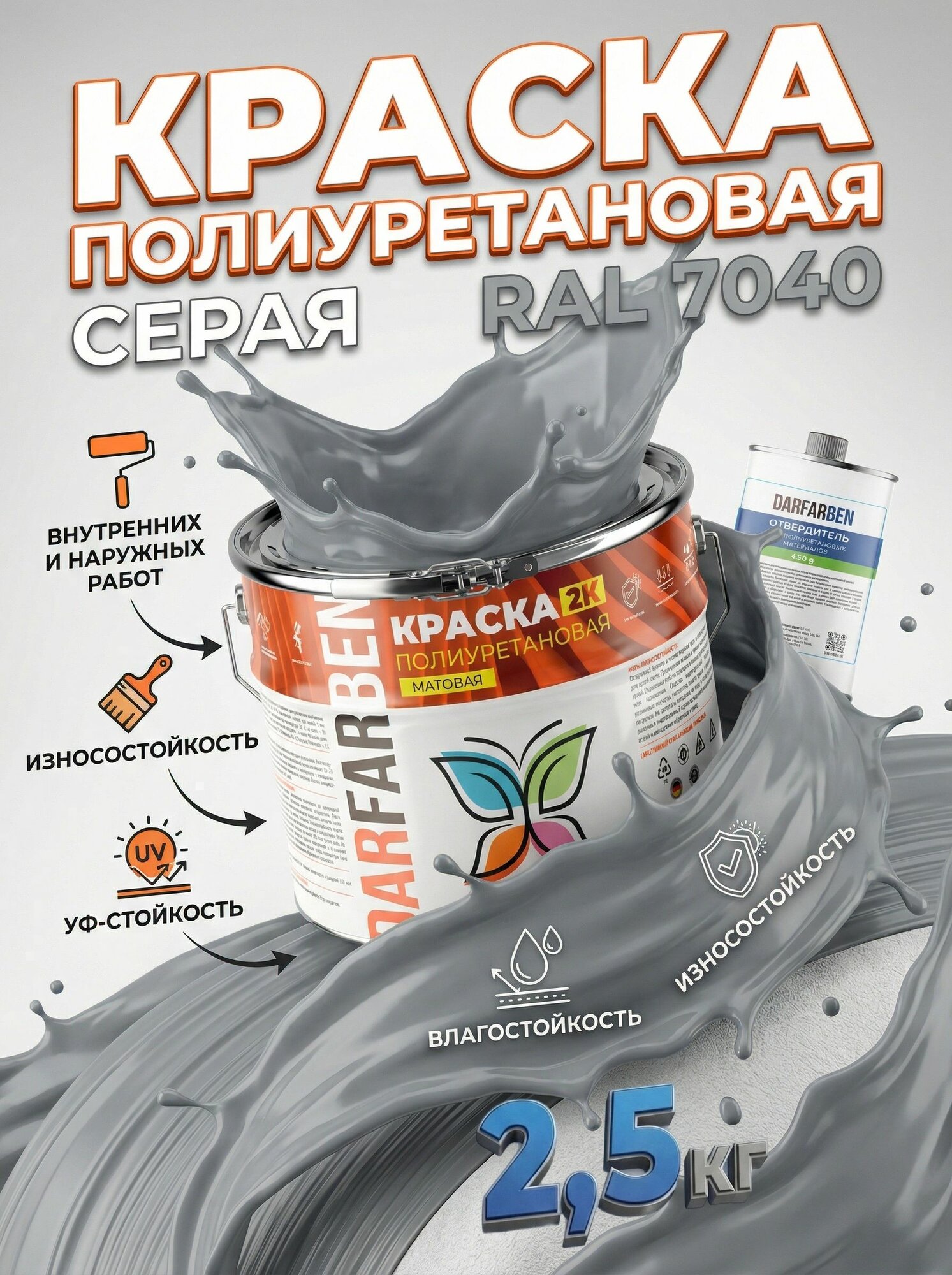 Полиуретановая краска серая матовая по металлу, дереву, бетону 2.5 кг DARFARBEN