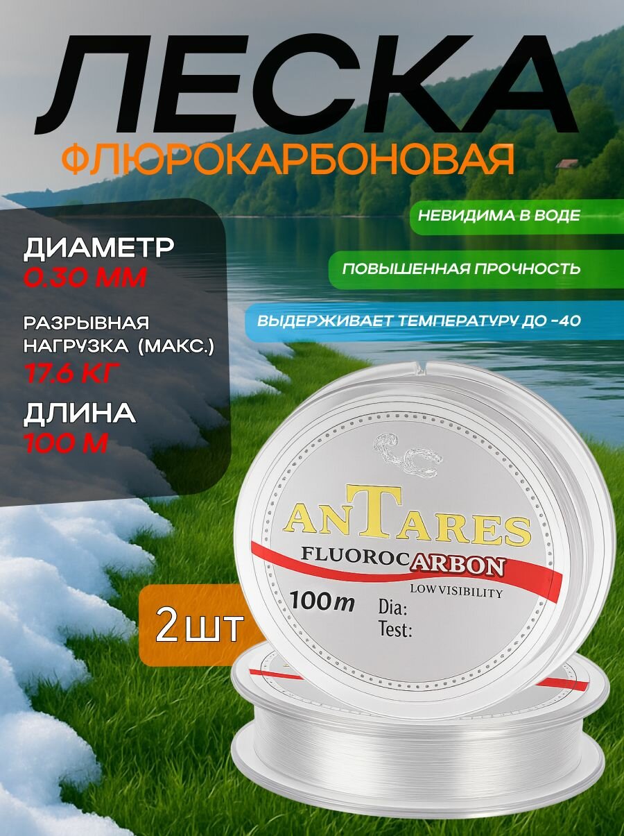 Леска для зимней рыбалки/Флюрокарбоновая леска AnTares для рыбалки/100 м, 0.30 мм, 17,6 кг, 2 шт.