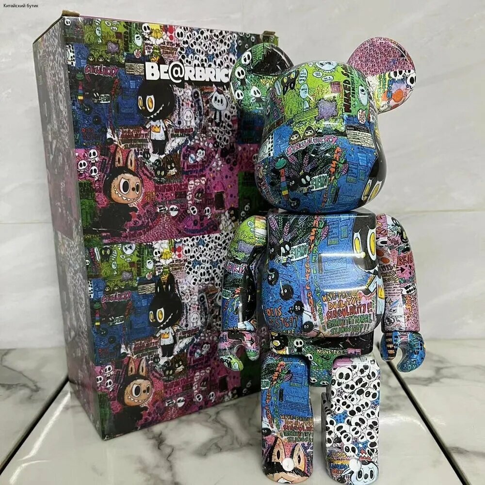 Bearbrick400%28см Игрушечная Статуя Медведя,28, Лабубу, черный, серый, желтый