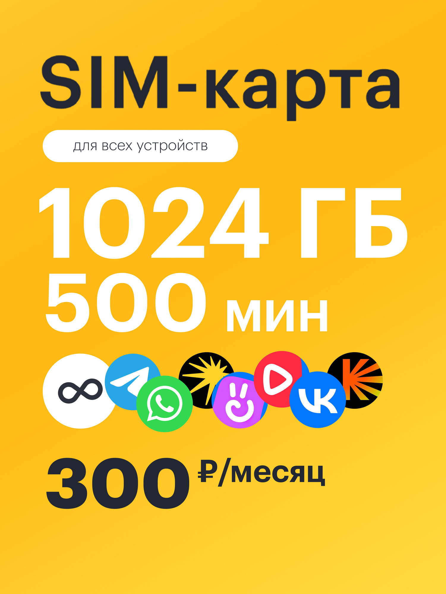 Сим карта с выгодным тарифом 1024 ГБ 500 минут 300 р в месяц