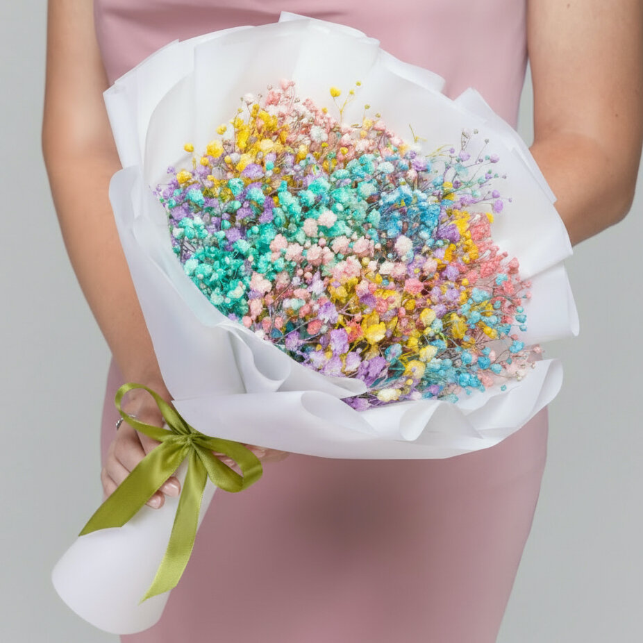 Букет Мегацвет24 "Радужные Гипсофилы", 5 шт, стабилизированный, разноцветный, дизайнерская упаковка
