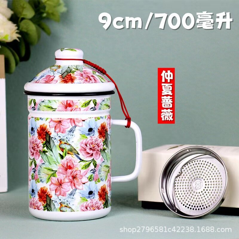 Винтажная эмалированная кружка с крышкой и фильтром, офисная старая кадровая утолщенная небьющаяся высококачественная чайная кружка, железная банка, фарфоровая кружка для воды