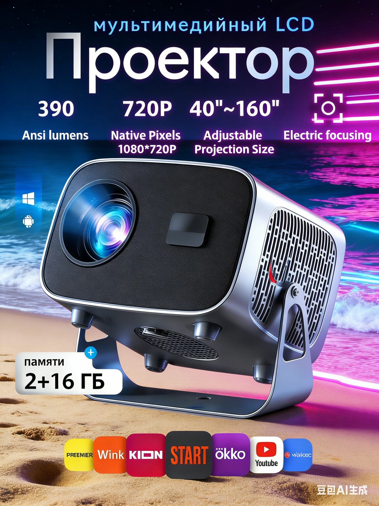 Проектор для фильмов LED-Q8, проектор 4к, 2+16 ГБ памяти