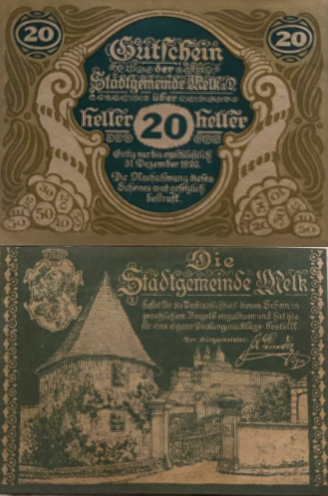 Австрия 20 геллеров 1920 Мельк aUNC