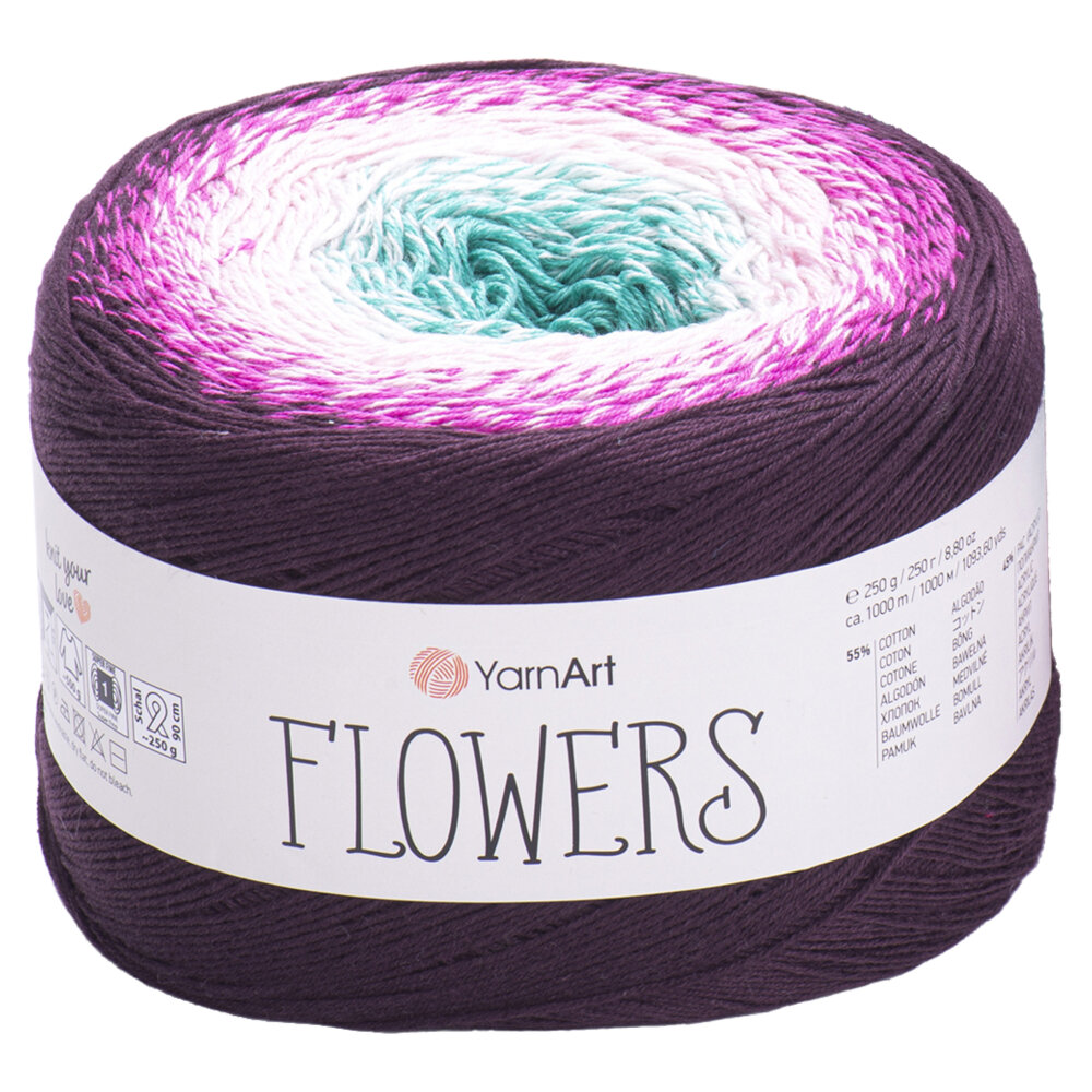 Пряжа для вязания YarnArt Flowers 301 розовый зеленый 250 гр/1000 м 55% хлопок, 45% полиакрил