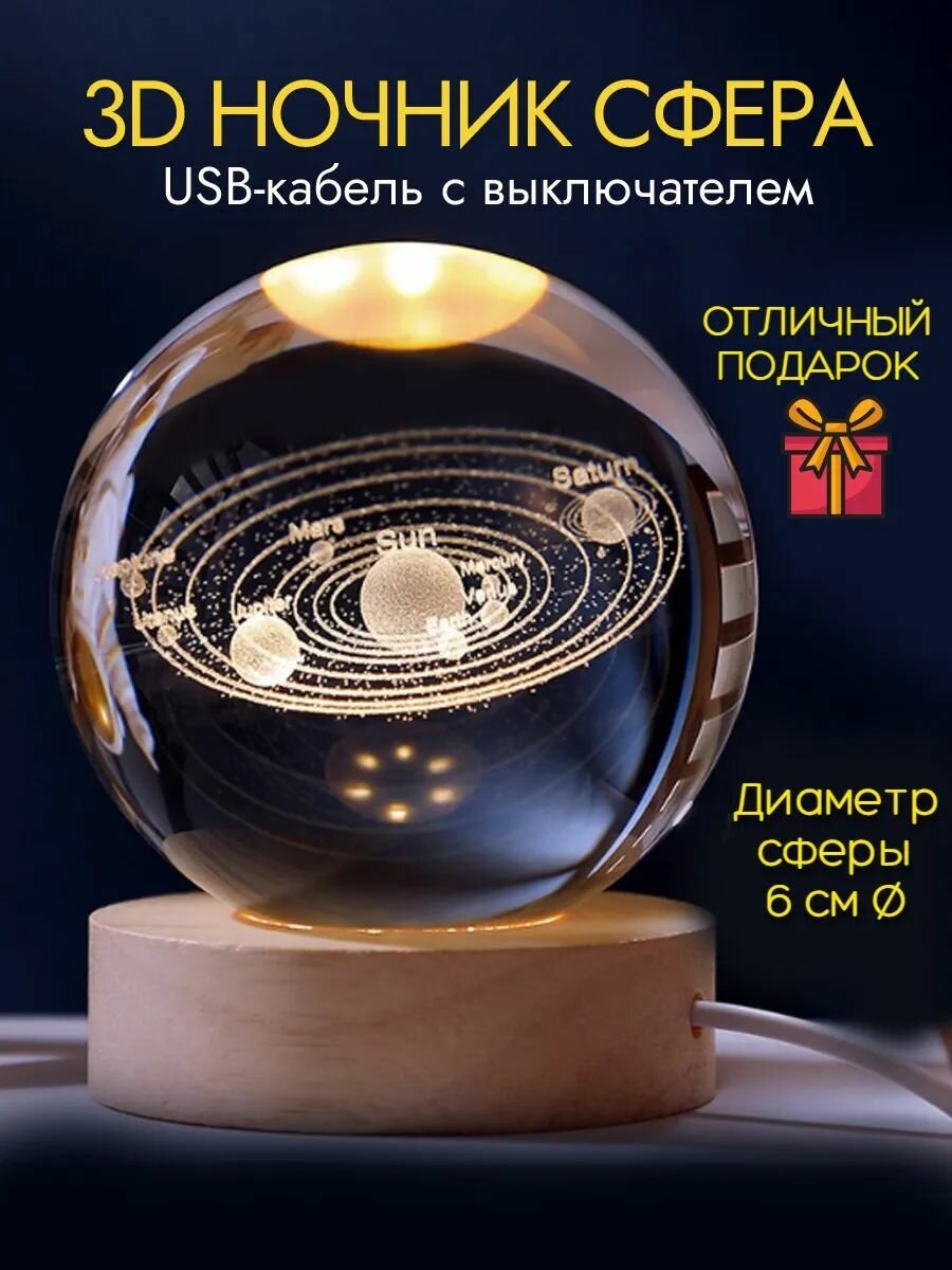 Ночник детский светодиодный стеклянный шар Солнечная система