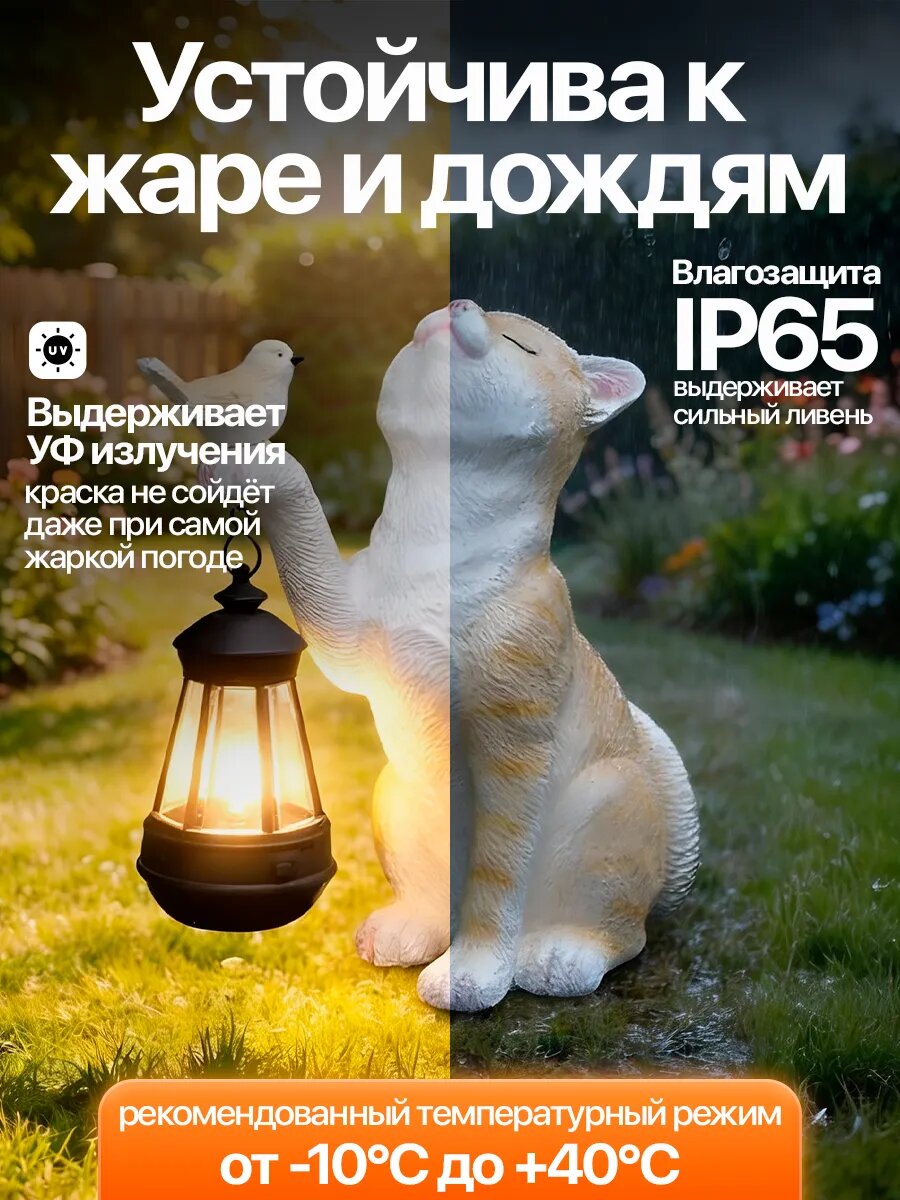 Фигурка садовая кот с фонариком на солнечной батареи — фото 1