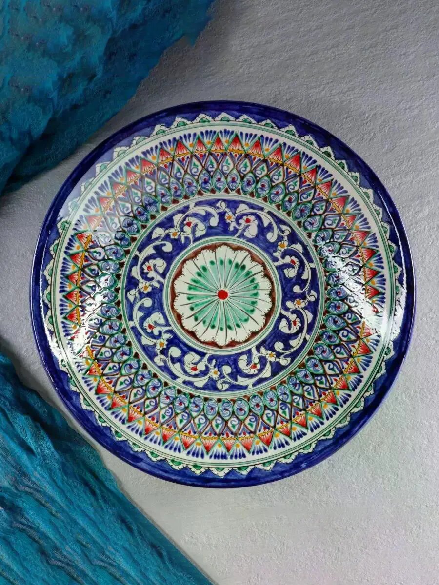 Ляган узбекский Риштанская Керамика "Узоры", 33 см, синий, глубокий