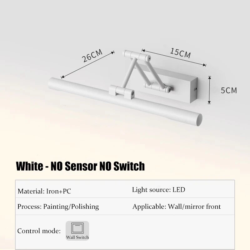 Светодиодное зеркало для ванной комнаты, передняя лампа Pir, датчик движения, зеркало для ванной комнаты, настенный светильник, регулируемый угол, длинная полоса, светильник для изображения