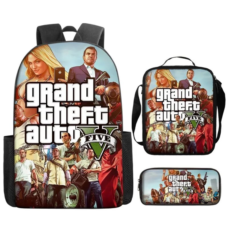 Рюкзак Grand Theft Auto V, набор из 3 предметов: рюкзак 40x27x13 см, сумка для обеда 25x19x8 см, пенал 21.5x10.5 см, нейлон
