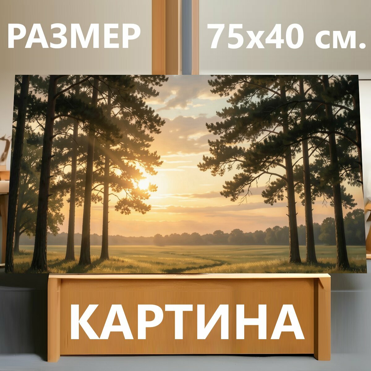 Картина на холсте "Сосновая роща на закате. Лучи низкого солнца освещают лесную опушку с высокими соснами, узкой тропой и золотистой травой." на подрамнике 75х40 см. для интерьера