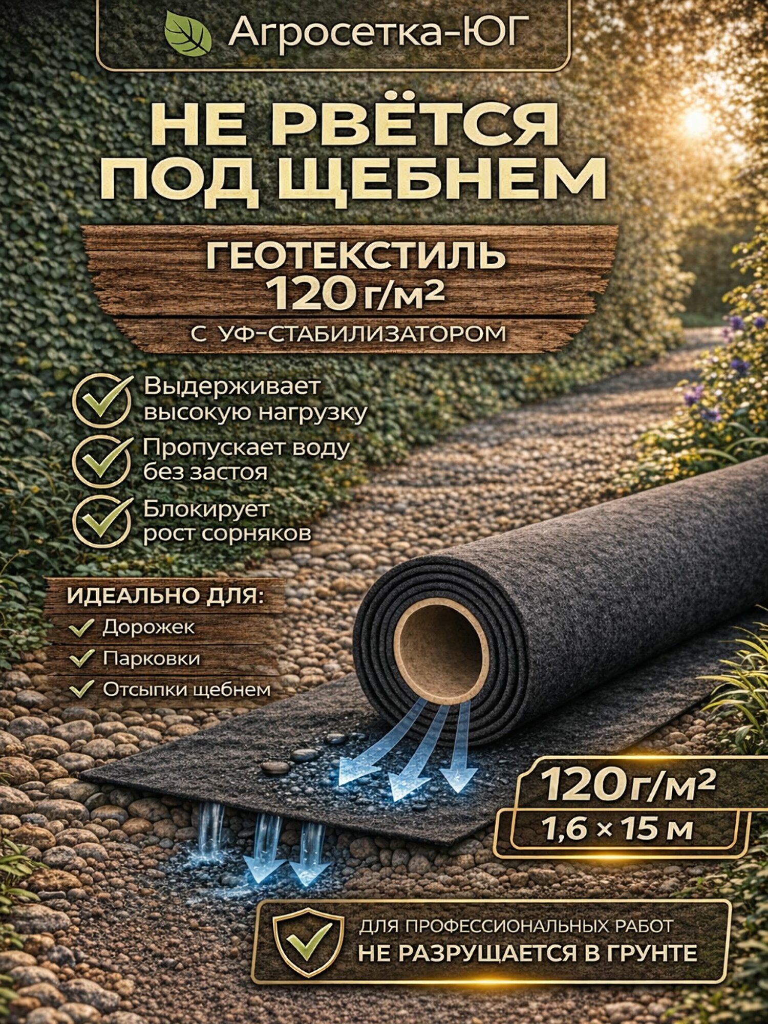 Геотекстиль 120 г/м. кв. для строительных, ландшафтных, садовых работ Агросетка-Юг, 1,6 x 15, черный