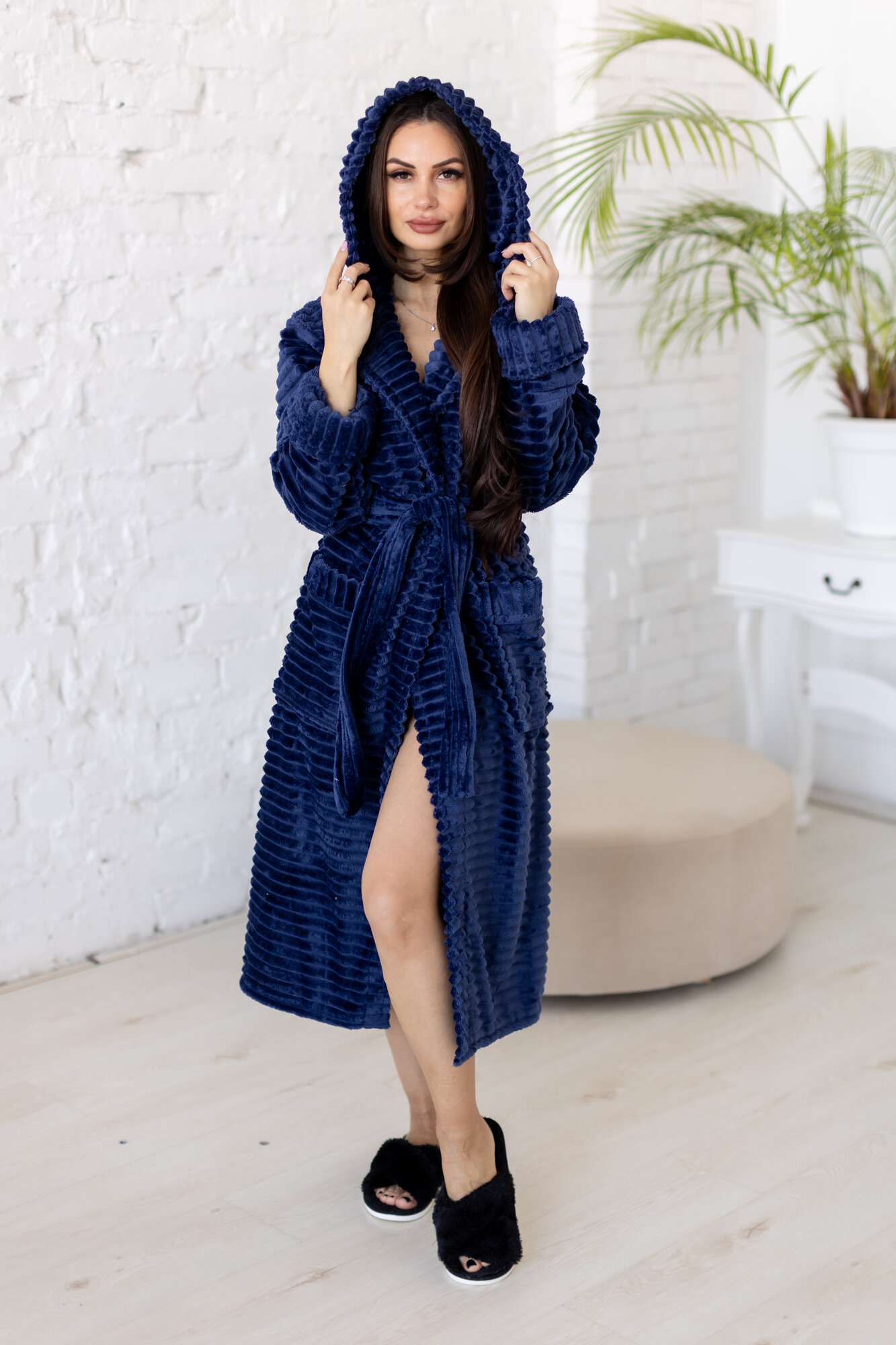 Халат домашний теплый женский с капюшоном на запах