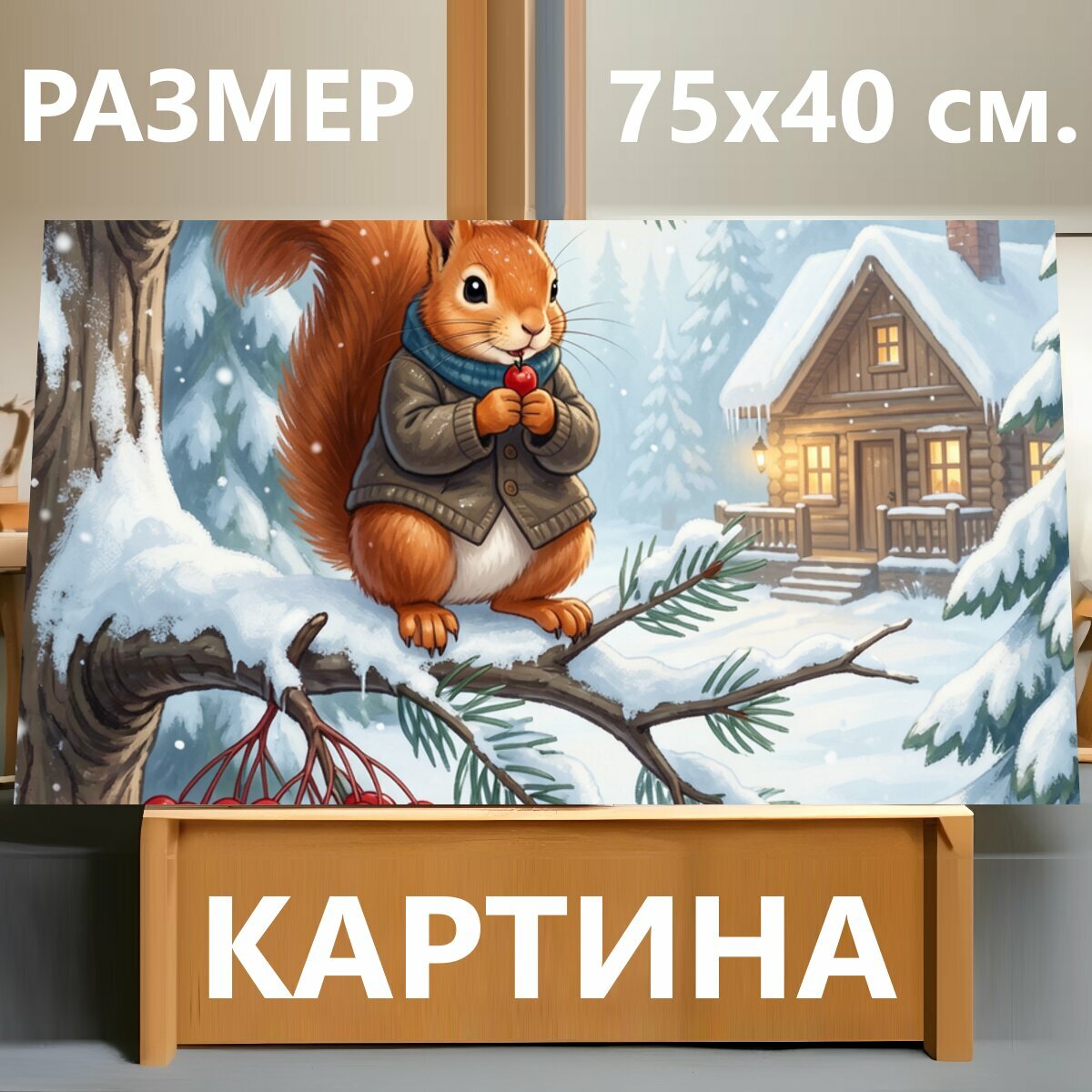 Картина на холсте "Белка в зимнем лесу. Сказочная зимняя иллюстрация: рыжая лесная белочка в пальто держит красное сердечко на заснеженной." на подрамнике 75х40 см. для интерьера