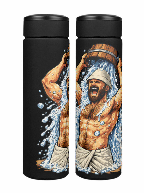 Термос «Мужчина обливается после парилки ледяной водой» (черный)