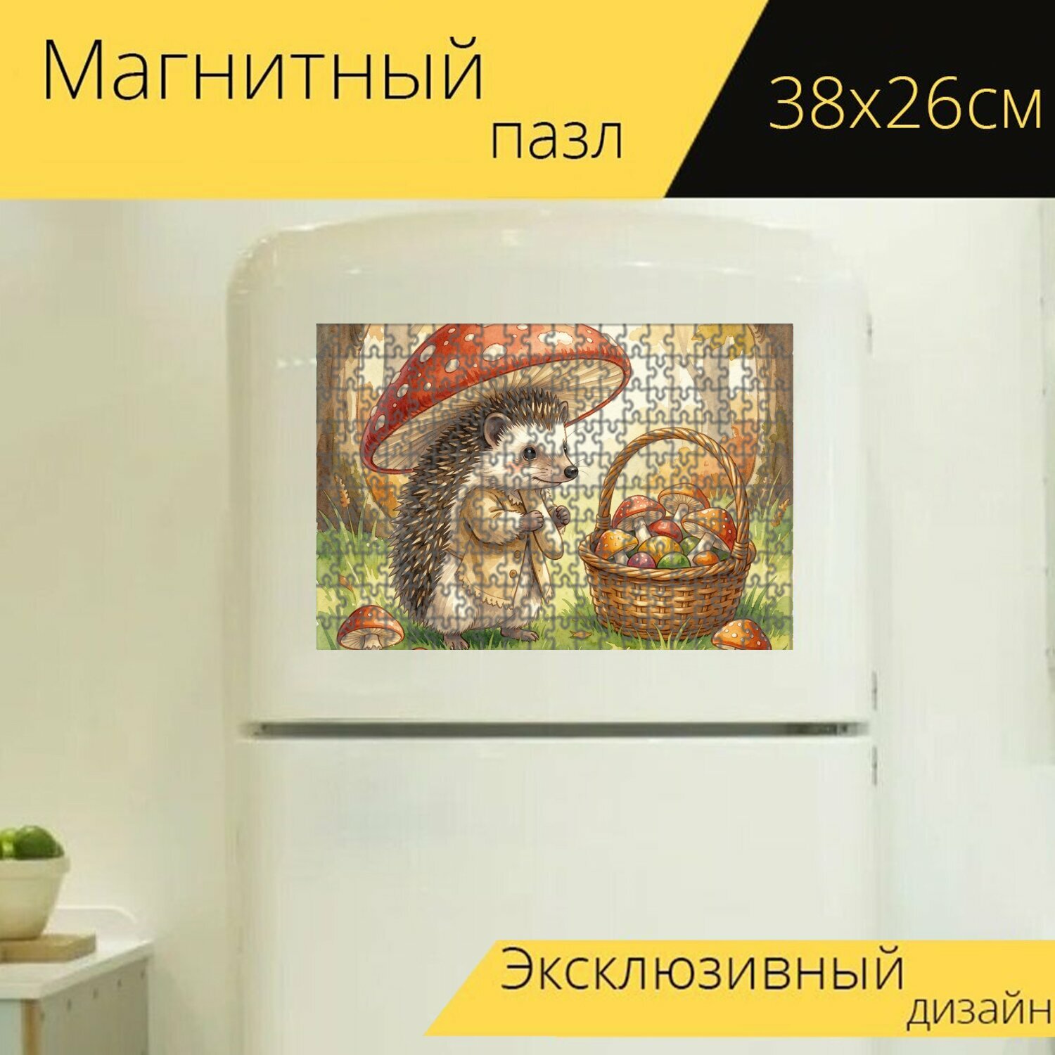 Магнитный пазл "Ежик с корзиной грибов. Милый лесной зверек в красной шляпе-грибе стоит среди осеннего леса рядом с плетеной корзиной, наполненной грибами." для интерьера, 38х26 см.